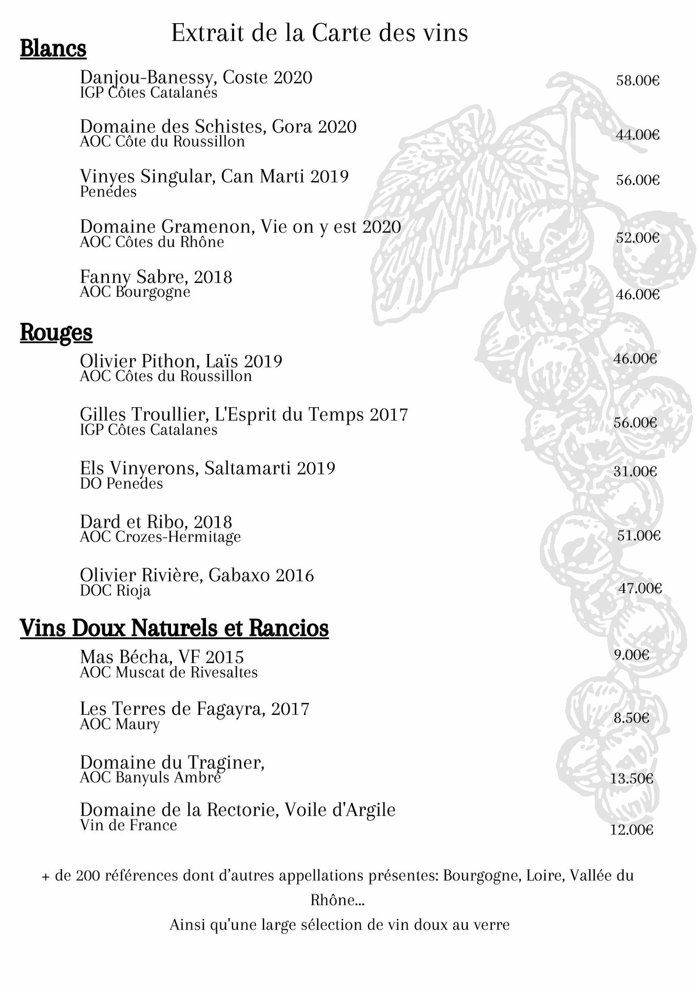 Carte des vins de La Galinette - Restaurant gastronomique - 66